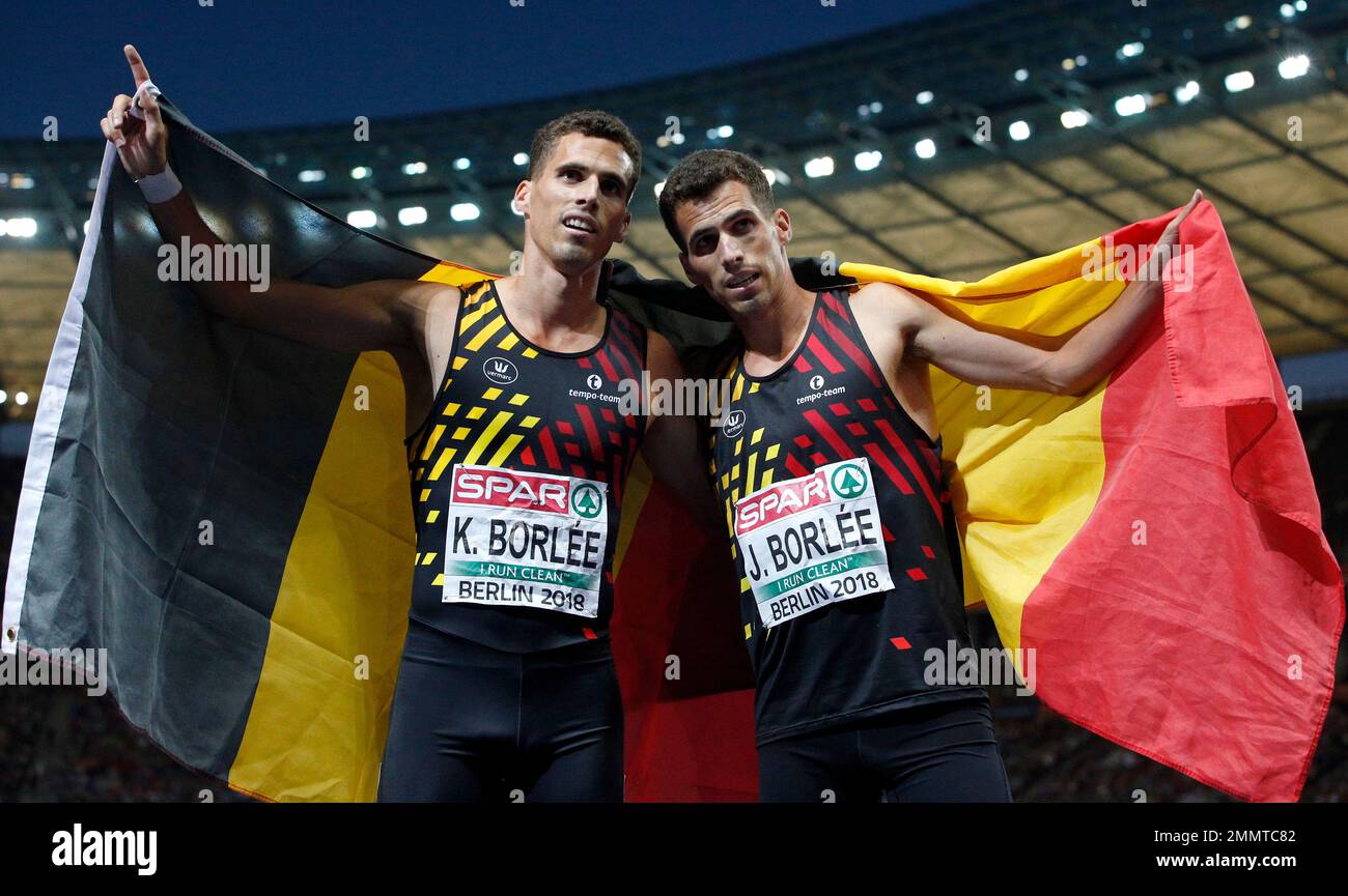 Belgium's silver medalist Kevin Borlee, left, and his brother Jonathan ...