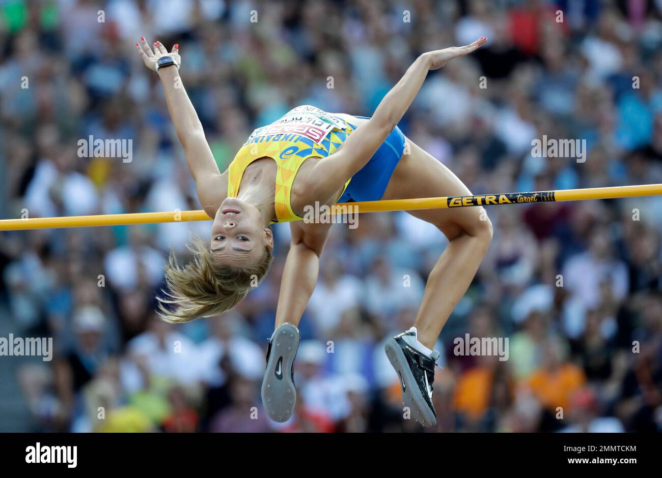 Ukraine's Yuliya Levchenko makes an attempt in the women's high jump ...