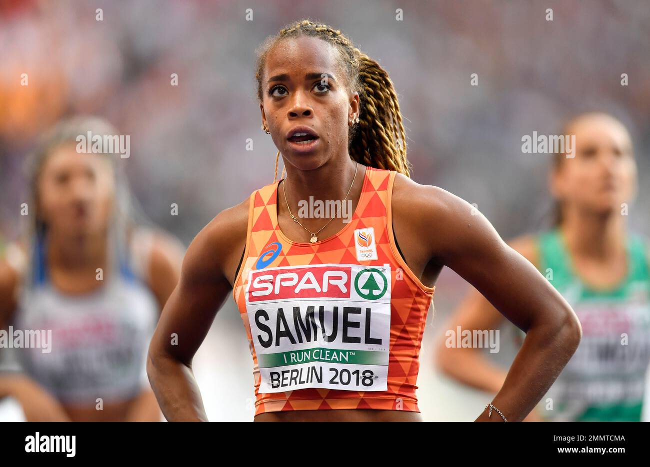 Netherlands' Jamile Samuel checks her time after a women's 200-meter ...