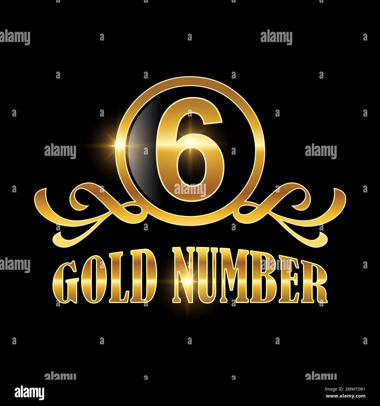 Golden Number 6 Logo Vector Sign in black background with gold shine ...