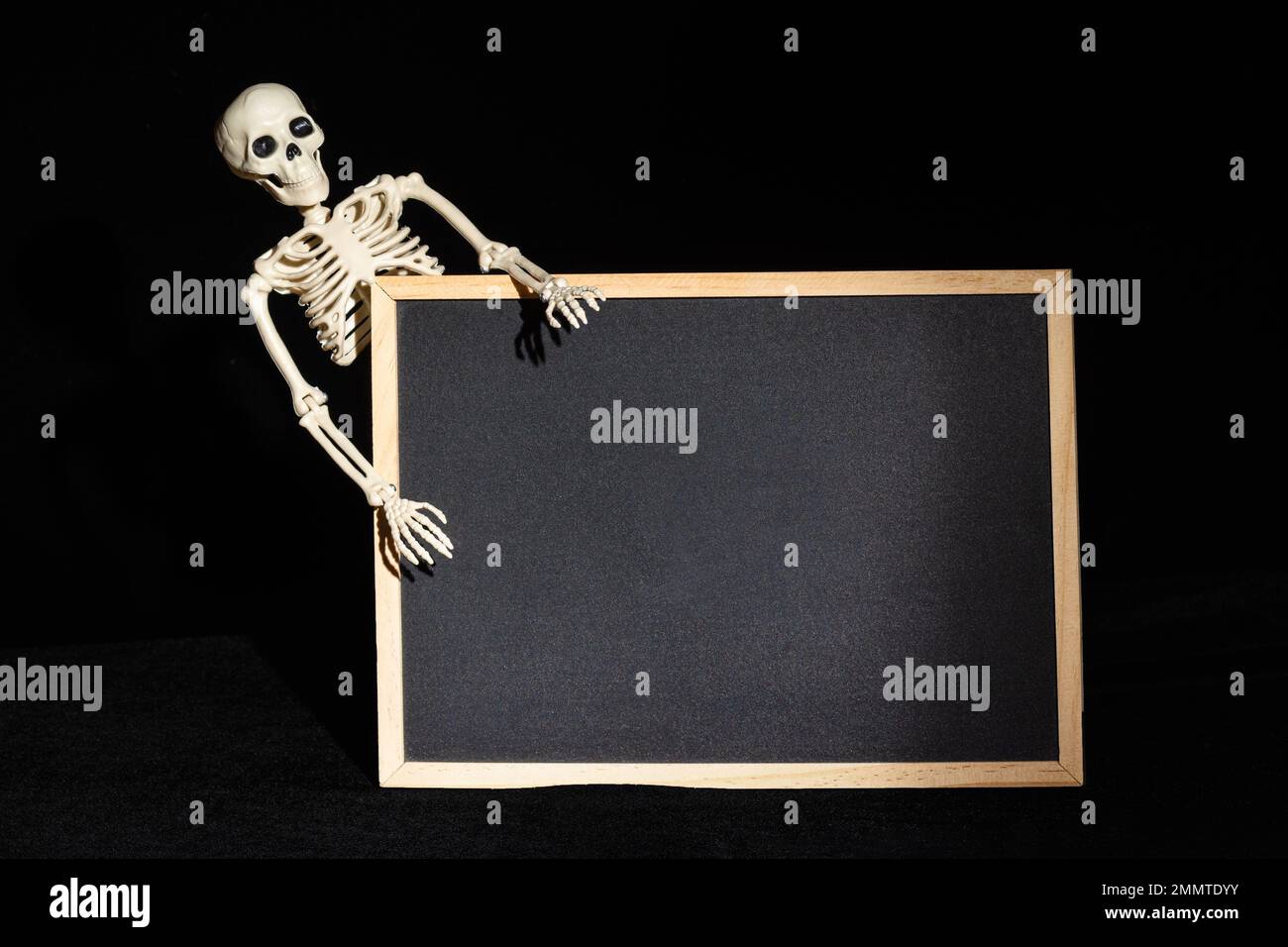 Funny human skeleton holding an empty black blank on a black background ...