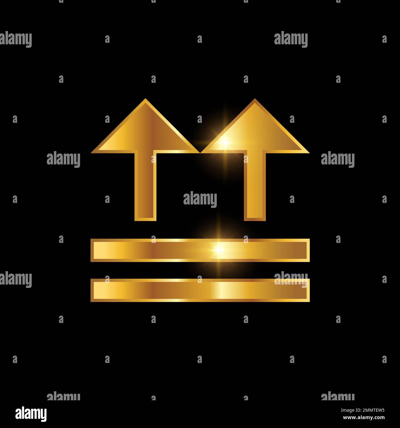 Golden Upload Arrow Vector Sign Illustration in black background with ...