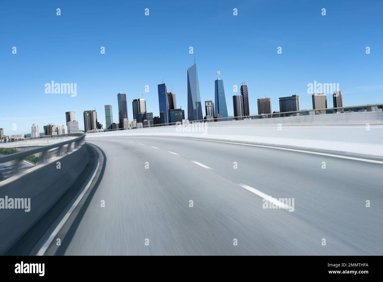 3d rendering Highway overpass motion blur with modern city background ...