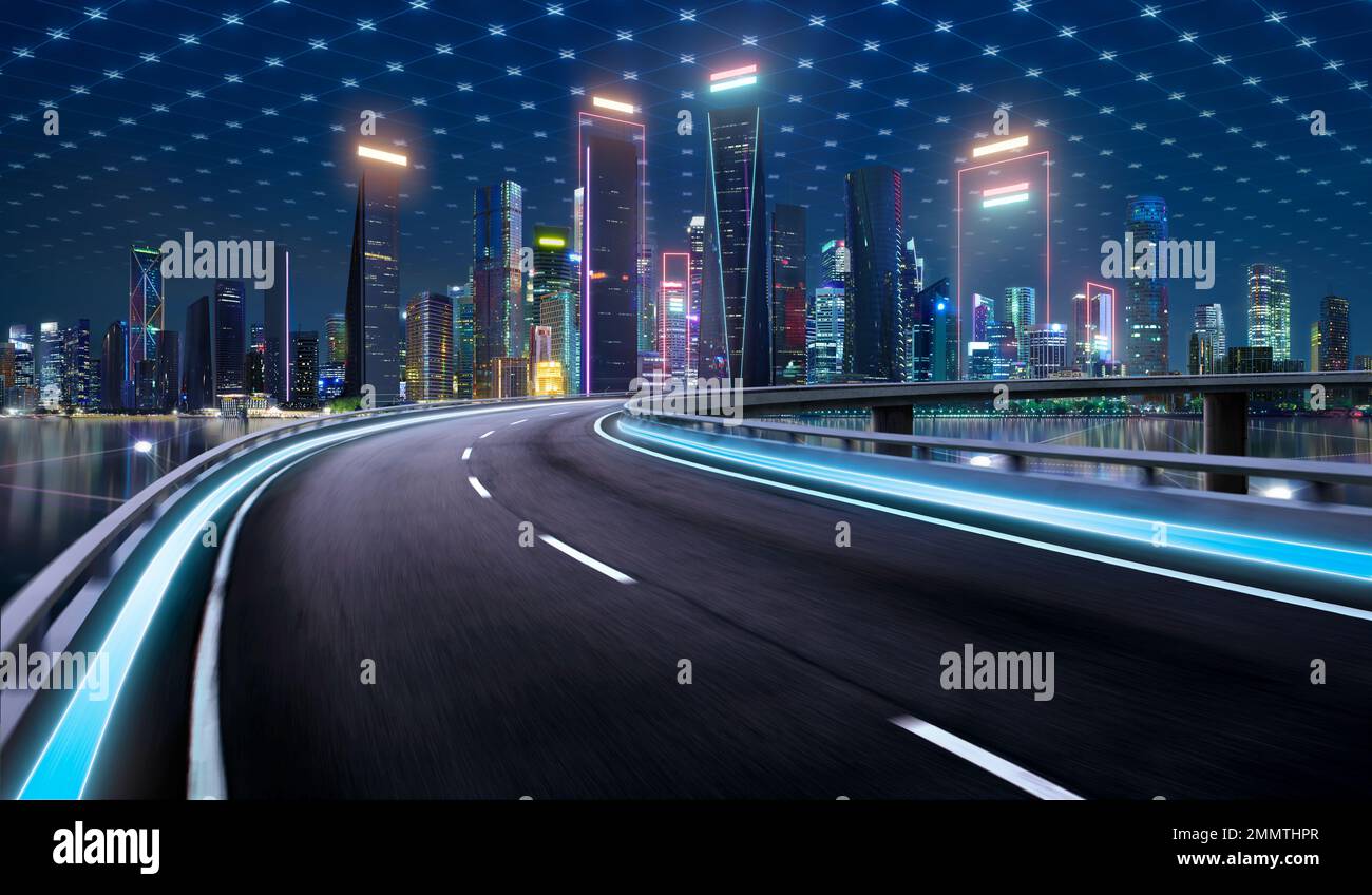 3d rendering Highway overpass motion blur with modern city background ...