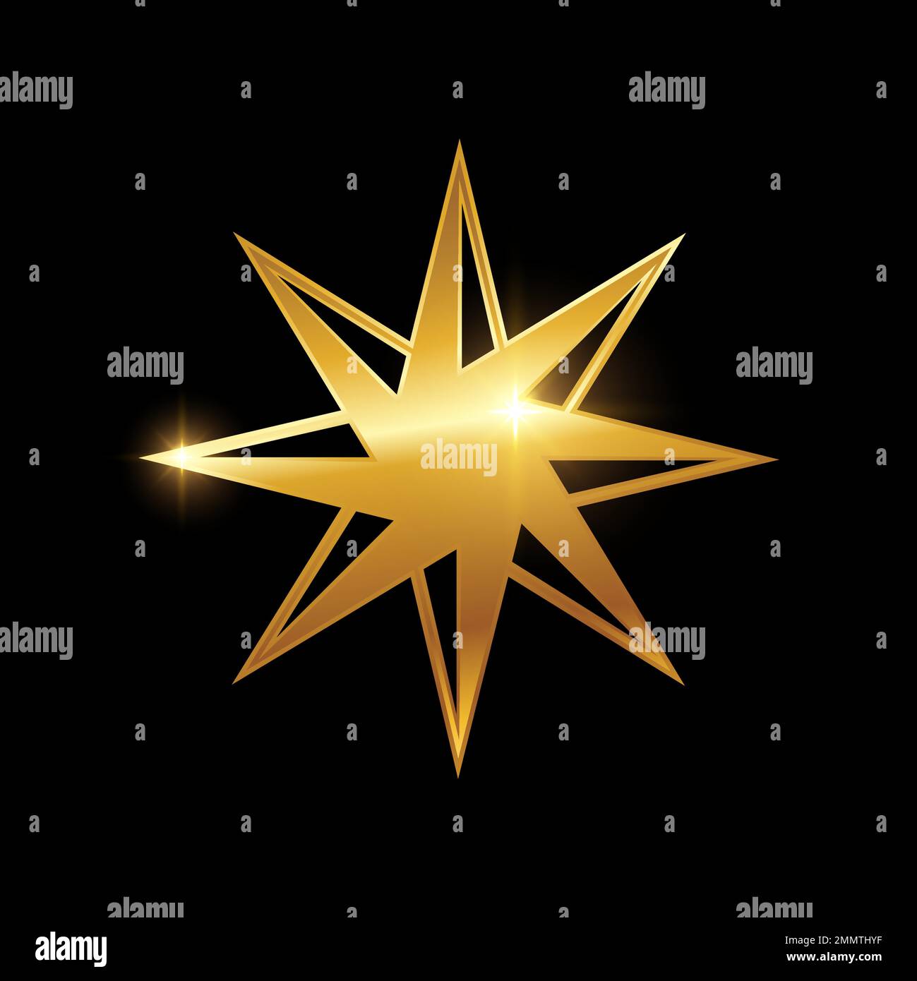 Golden Eight Star Pointed Vector Sign illustration in black background ...