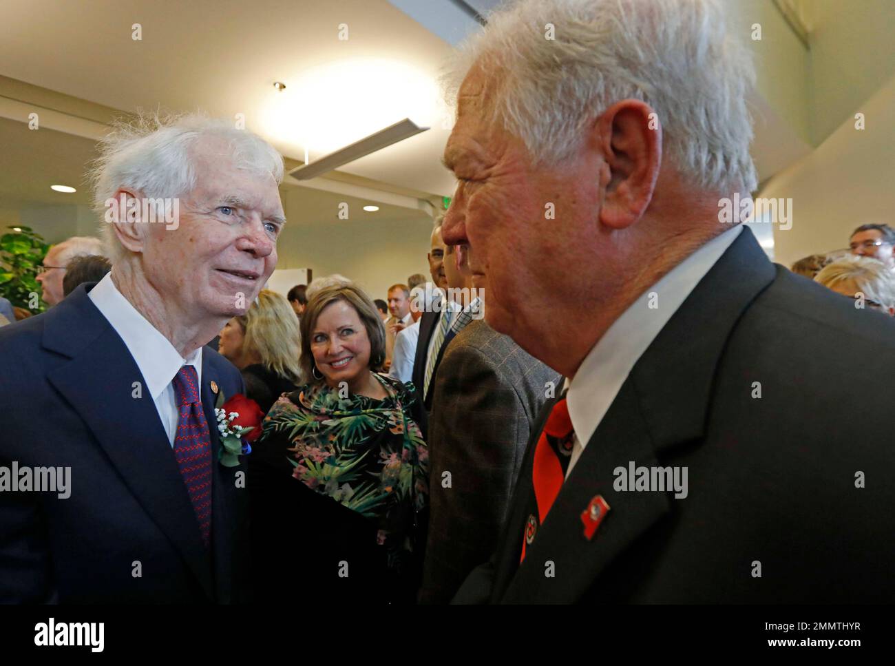 Former Republican U.S. Sen. Thad Cochran, left, greets former ...