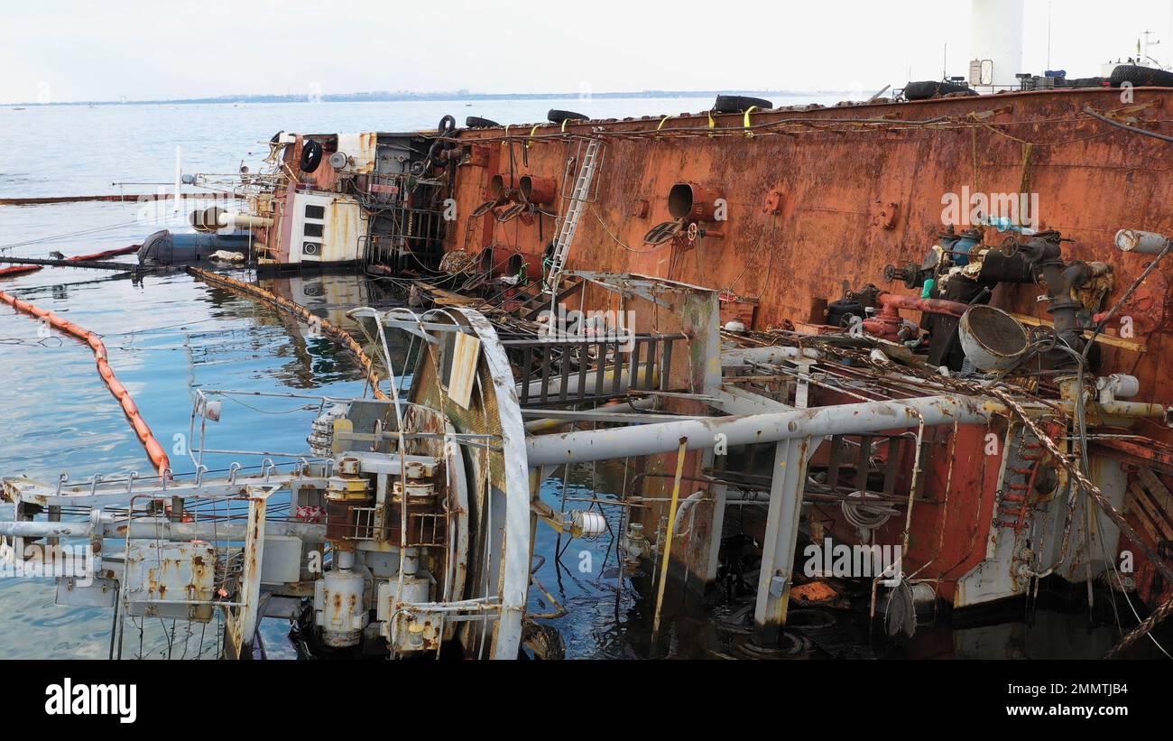 Close up sunken drowned oil tanker ship in Odessa after the wreck ...