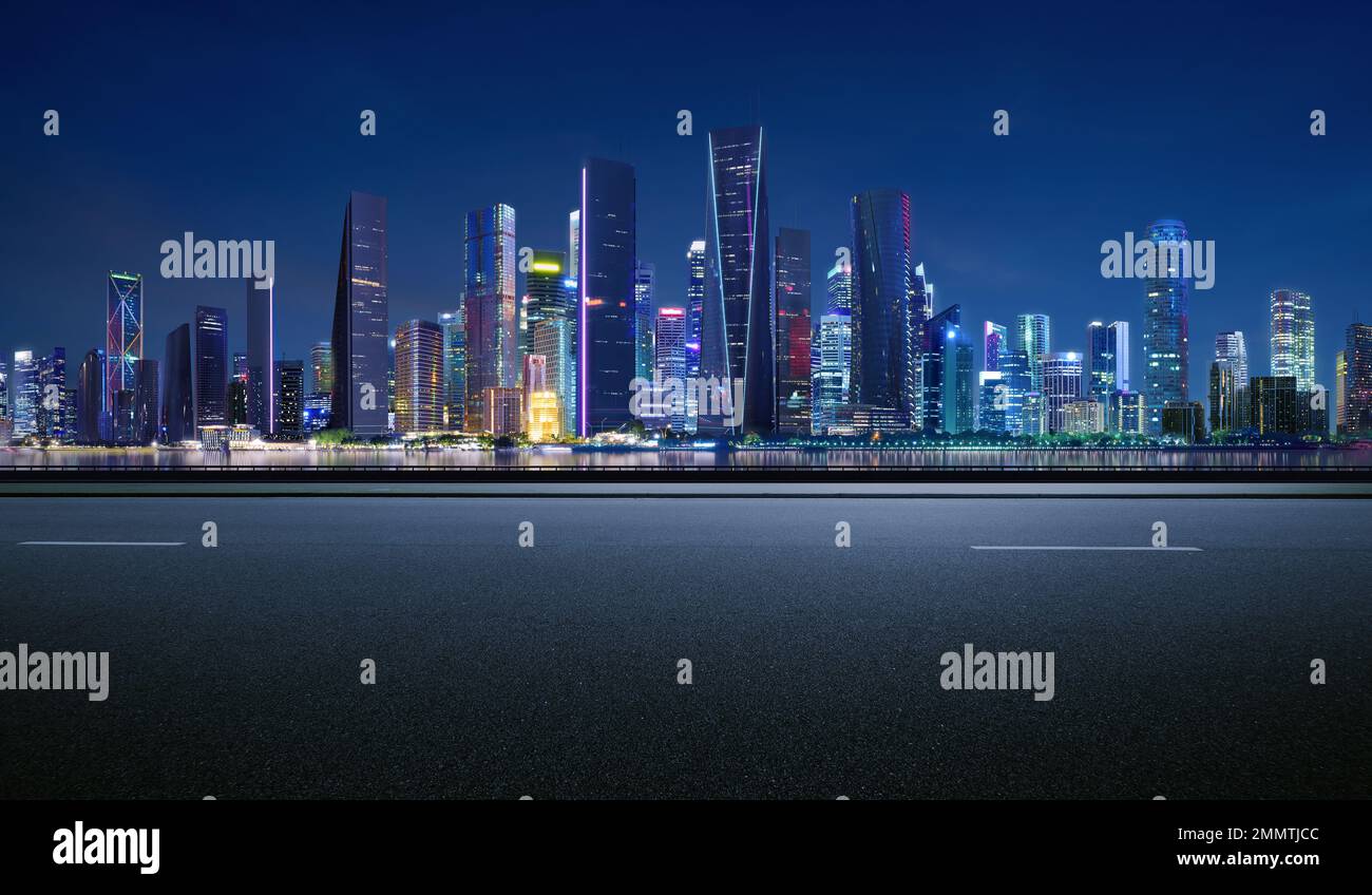 Panoramic side view asphalt road on night. 3d rendering Stock Photo - Alamy