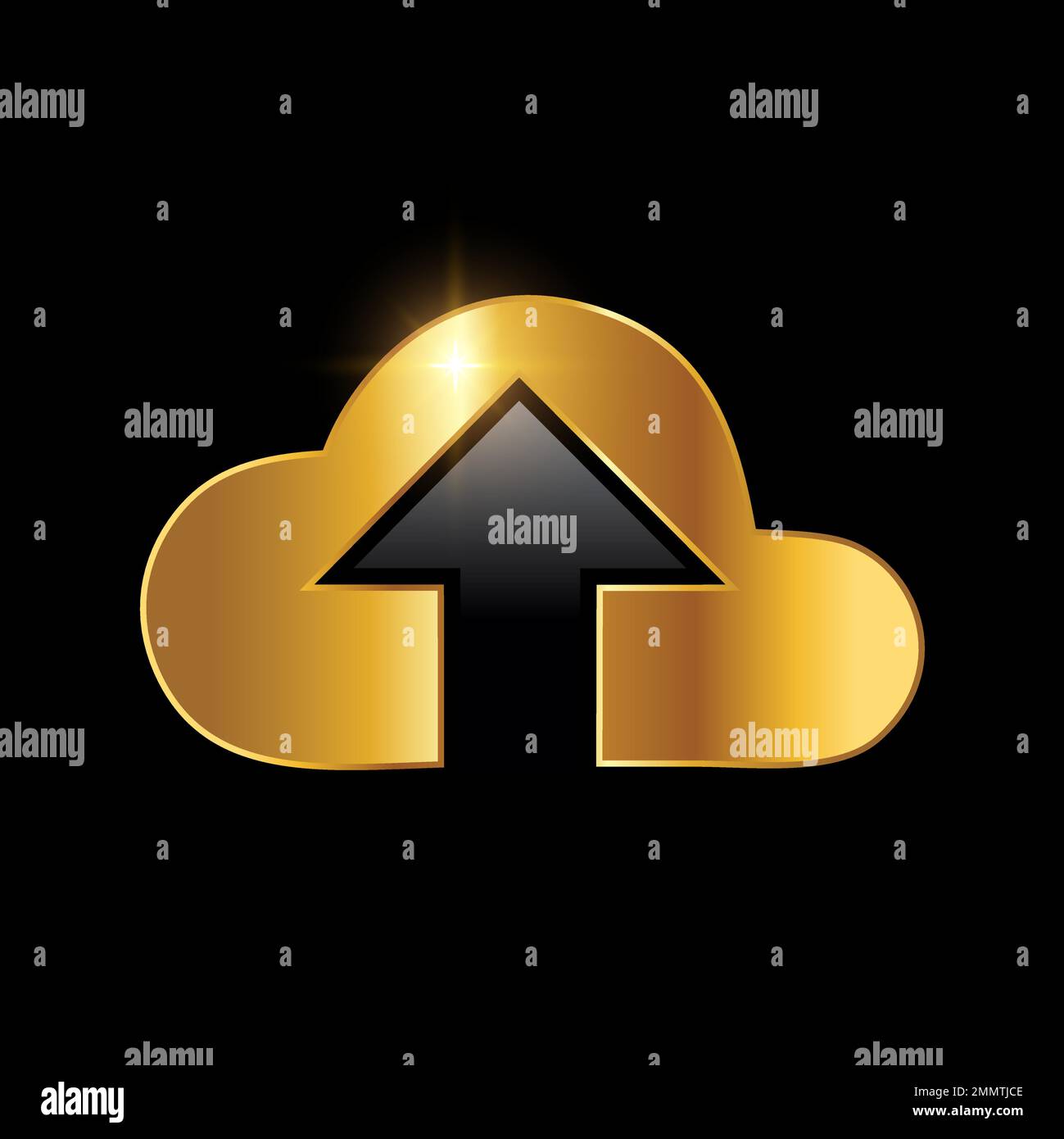 Golden Upload Arrow Vector Sign Illustration in black background with ...