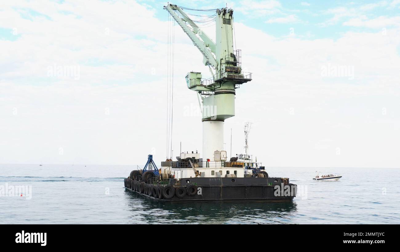 Floating marine crane in Odessa Black Sea. Offshore crane for loading ...