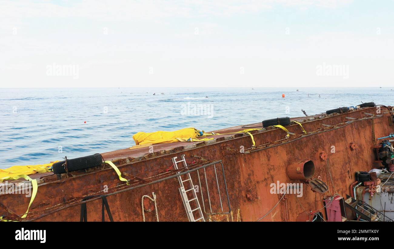 Deck of an old rusty tanker. Sunken ship in the sea Stock Photo - Alamy