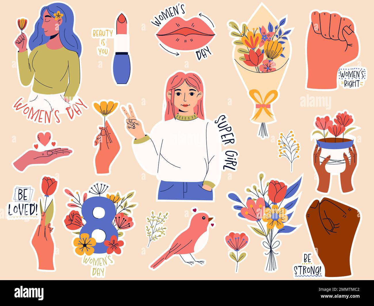 International women's day. 8 March. Sticker pack with girl power ...