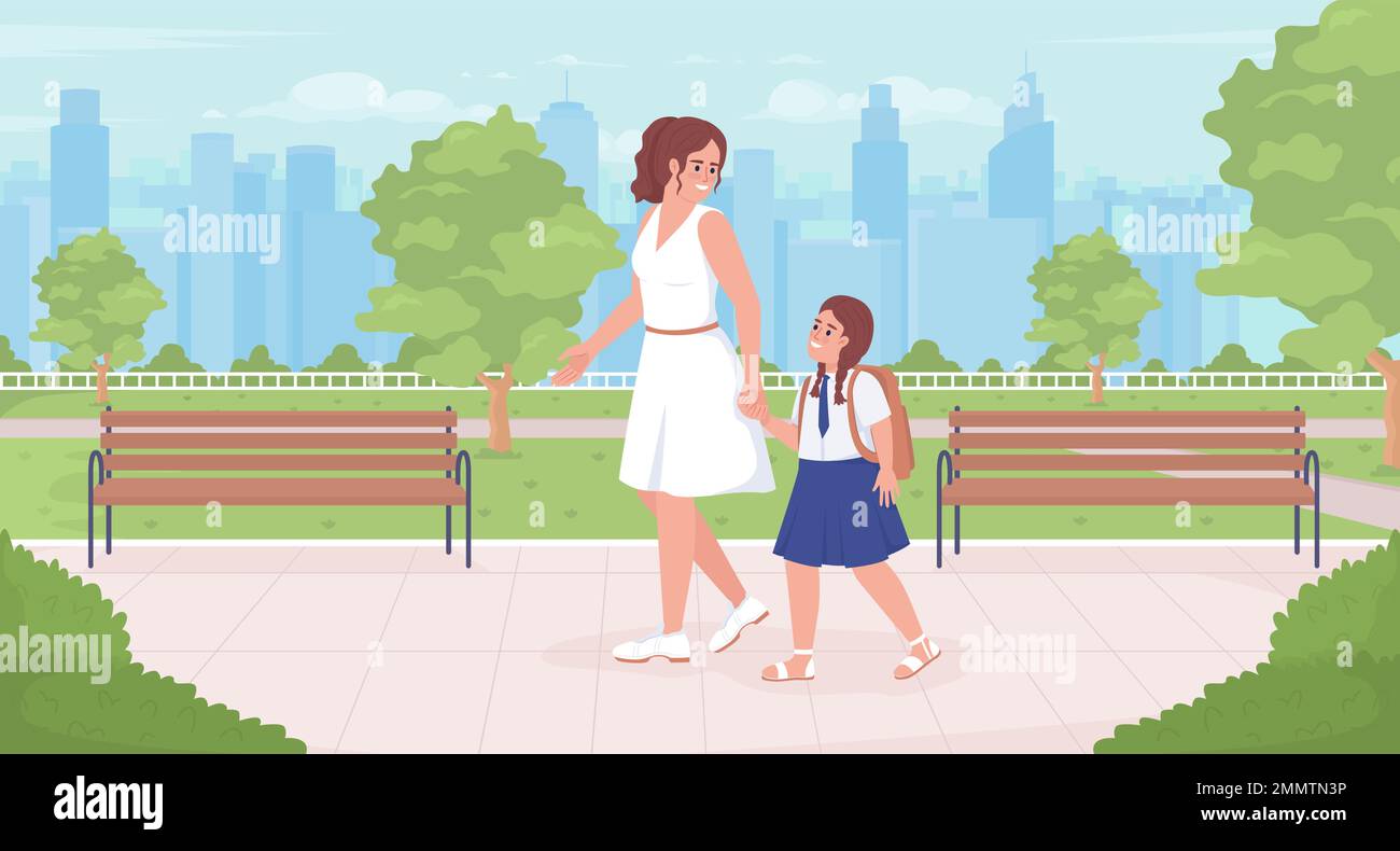 Morning walking to school flat color vector illustration Stock Vector ...