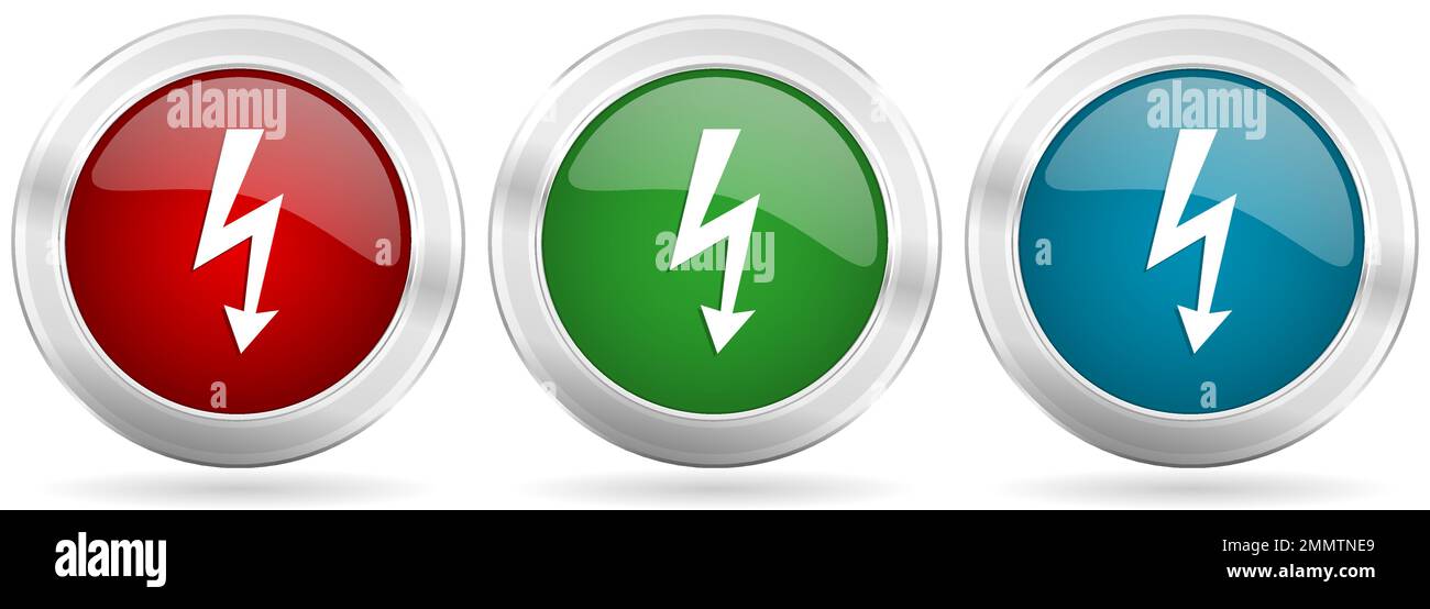 Electricity, power, energy vector icon set. Red, blue and green silver ...
