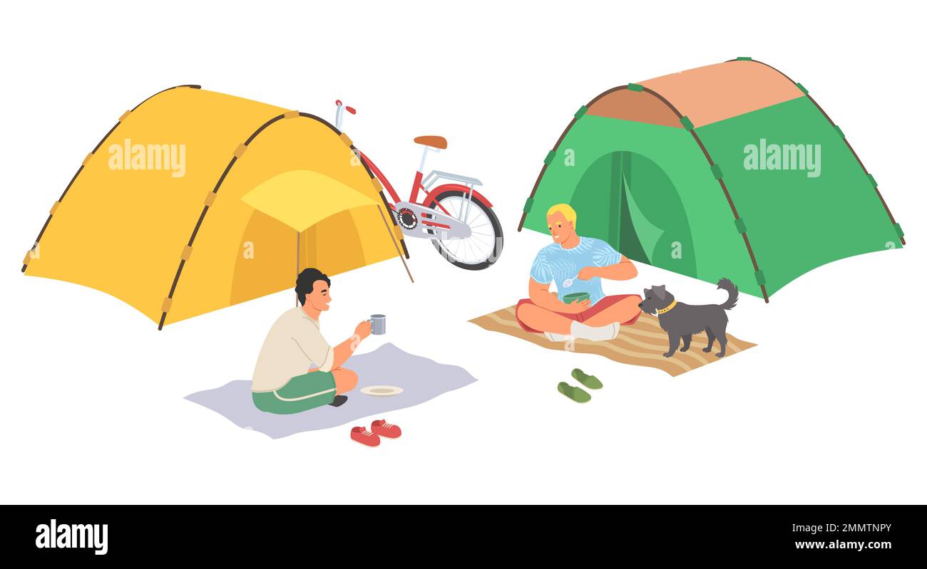 Male friends rest enjoying vacation camping vector Stock Vector Image ...