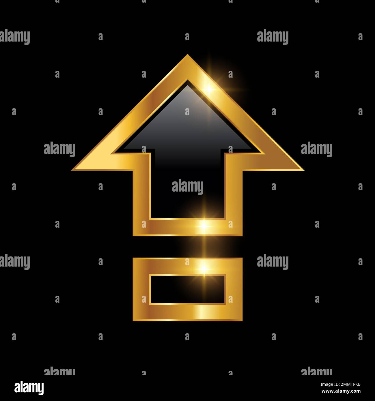 Golden Upload Arrow Vector Sign Illustration in black background with ...