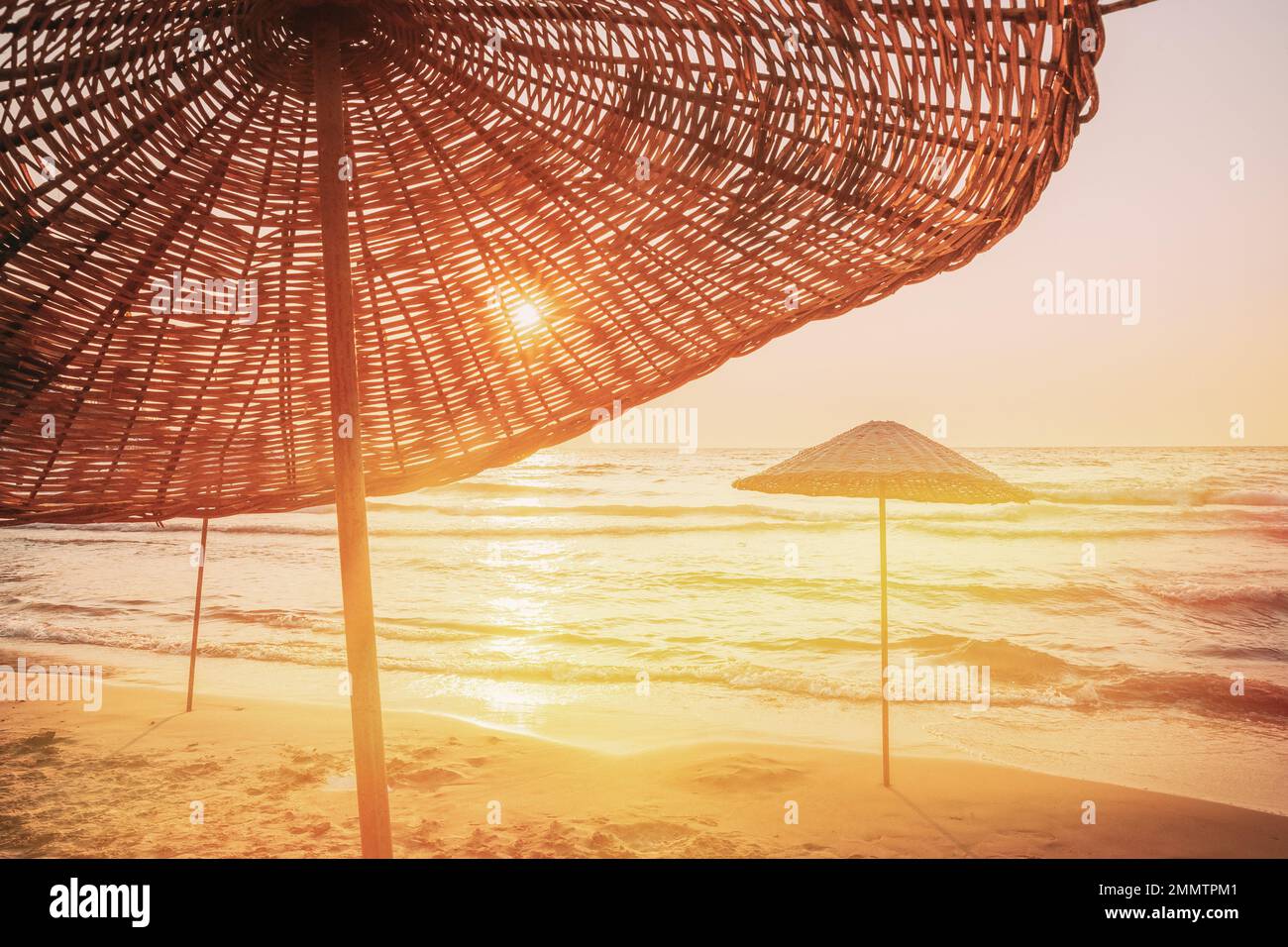 Wicker Beach Umbrella At Mediterranean Resort. Vacation Concept ...