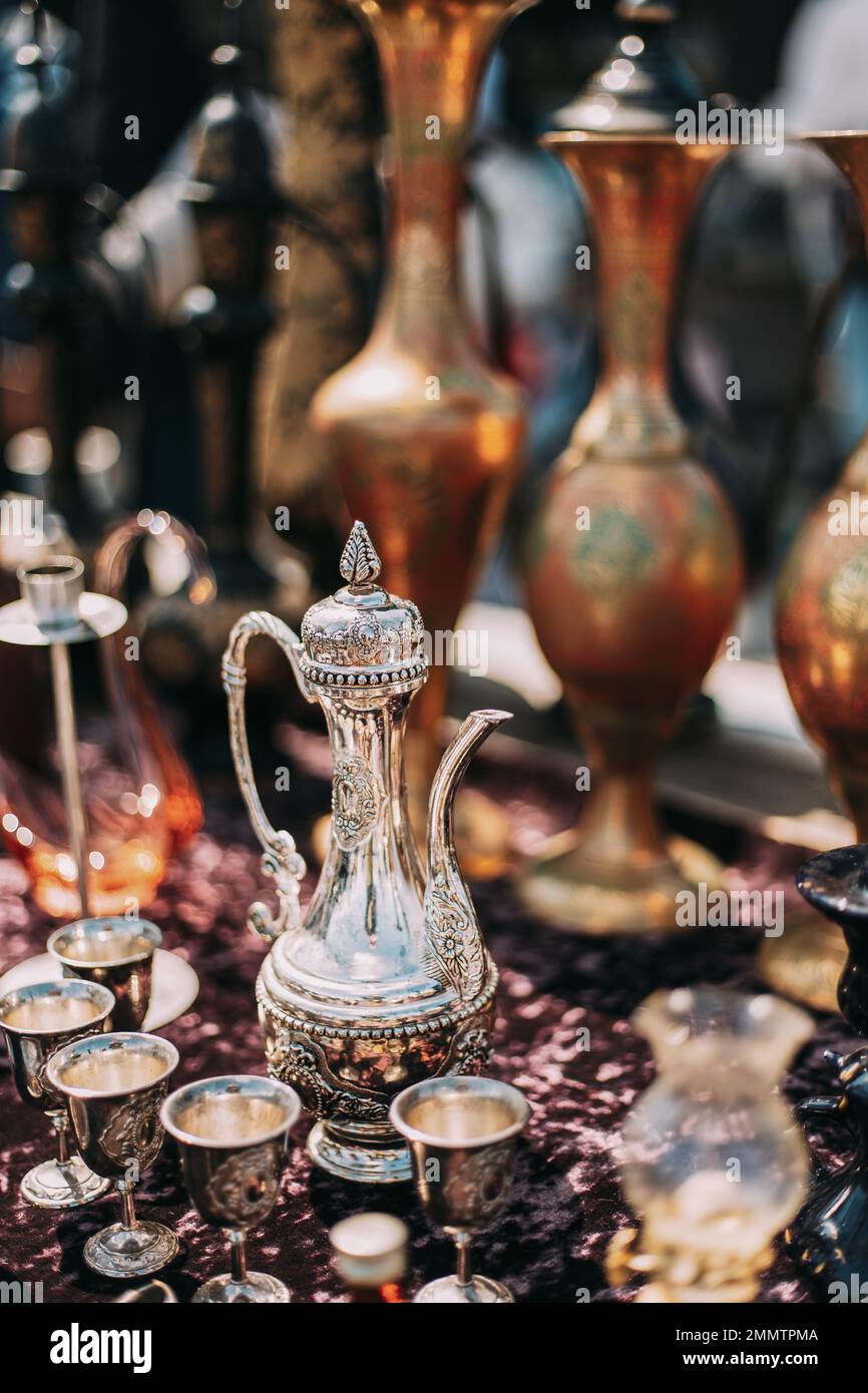 Oriental Style Ancient Jug At Flea Market. Metal Oriental Jug With ...