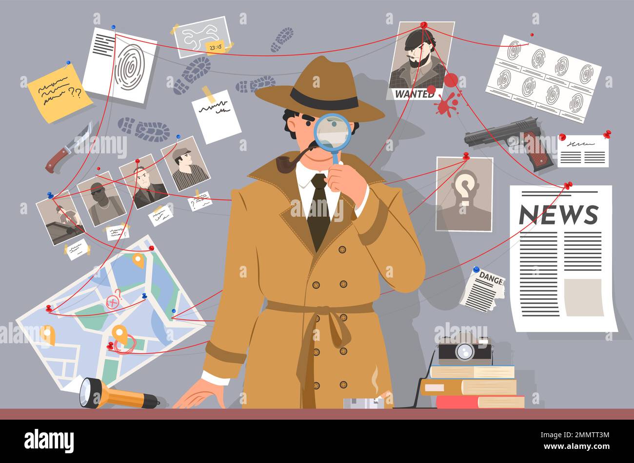Detective with magnifying glass in office vector Stock Vector Image ...