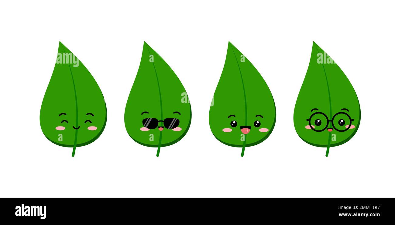 Cute leaf kid character with smile face emoticon set Stock Vector Image ...