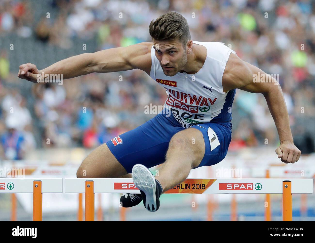 Norway's Martin Roe competes in the 110-meter hurdles of the decathlon ...