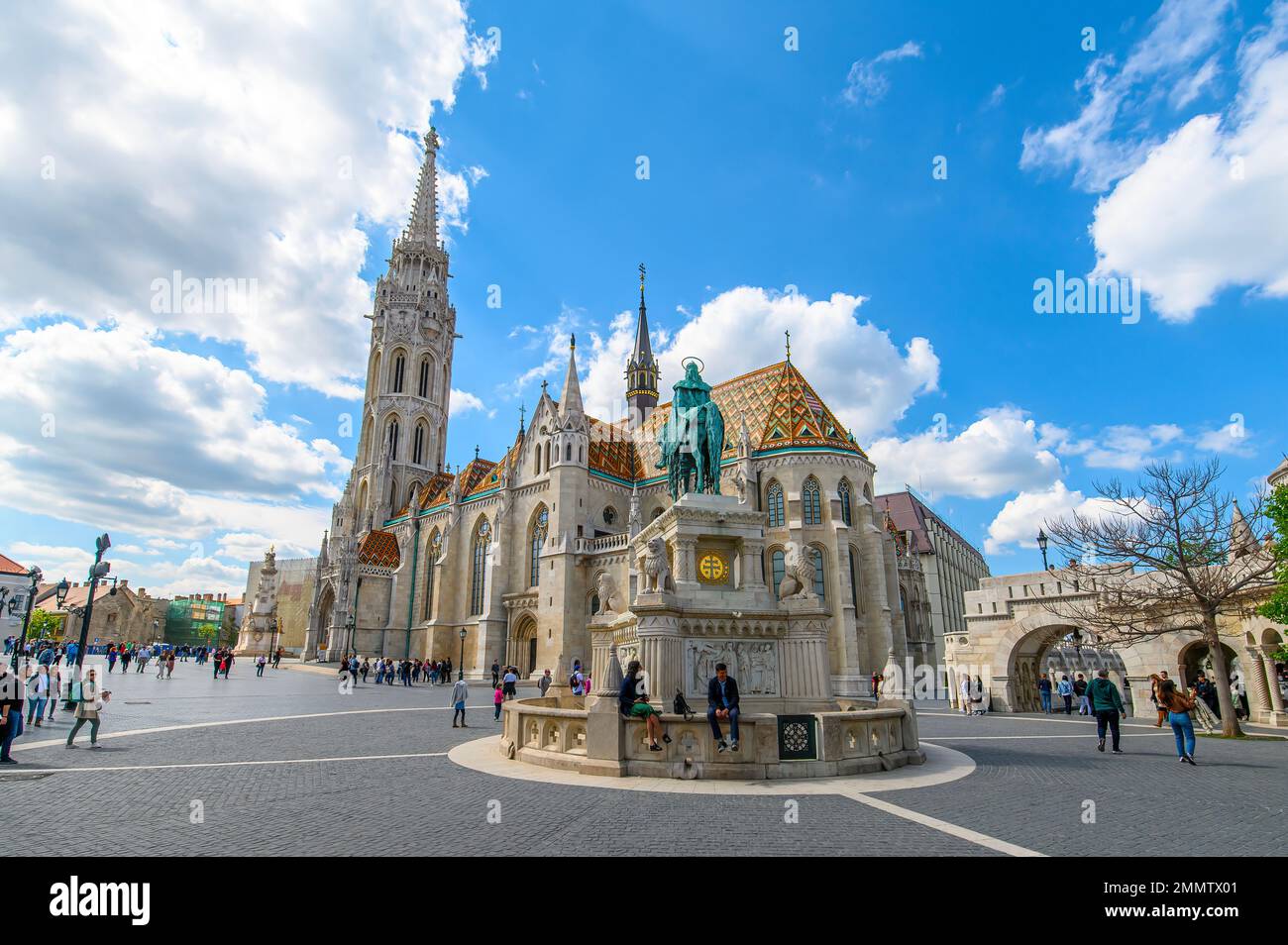 St. Stephen Statue and Matthias Church in Budapest, Hungary. A church ...