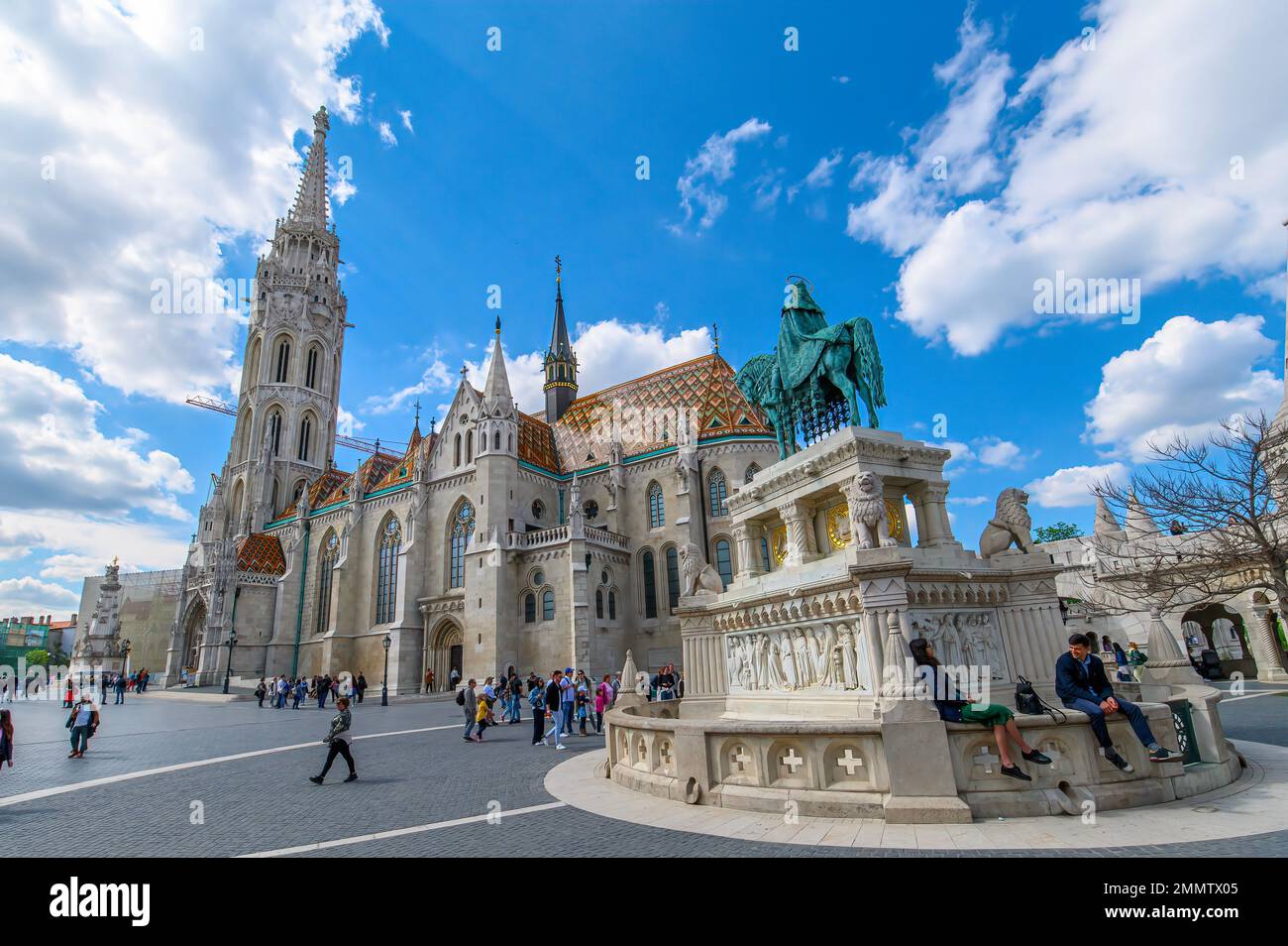 St. Stephen Statue and Matthias Church in Budapest, Hungary. A church ...