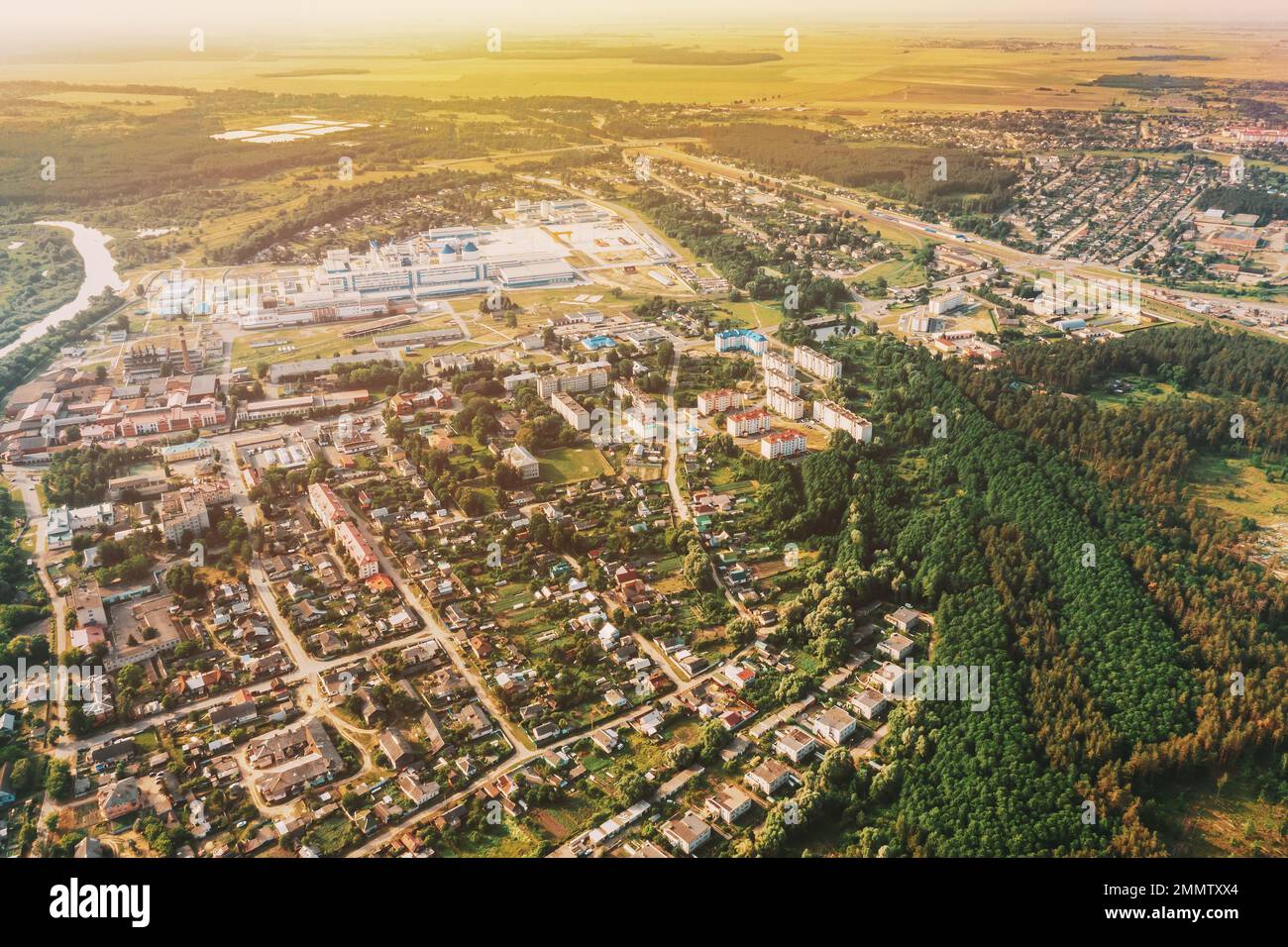 Aerial View Of Town Village Cityscape Skyline In Summer Sunny Morning ...