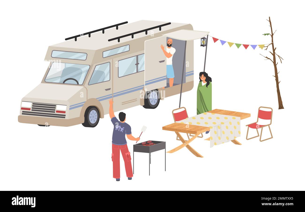 People enjoy auto camping flat vector illustration Stock Vector Image ...