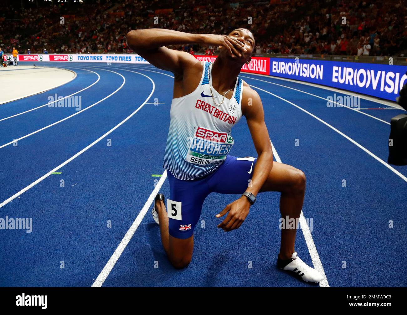 Britain's Zharnel Hughes celebrates after winning the gold medal in the ...