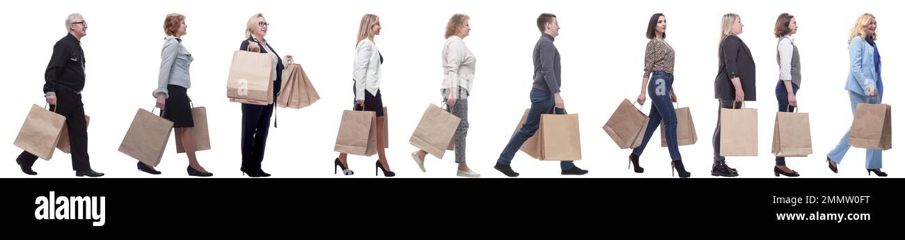 a group of people stand in line with shopping bags. isolated on white ...