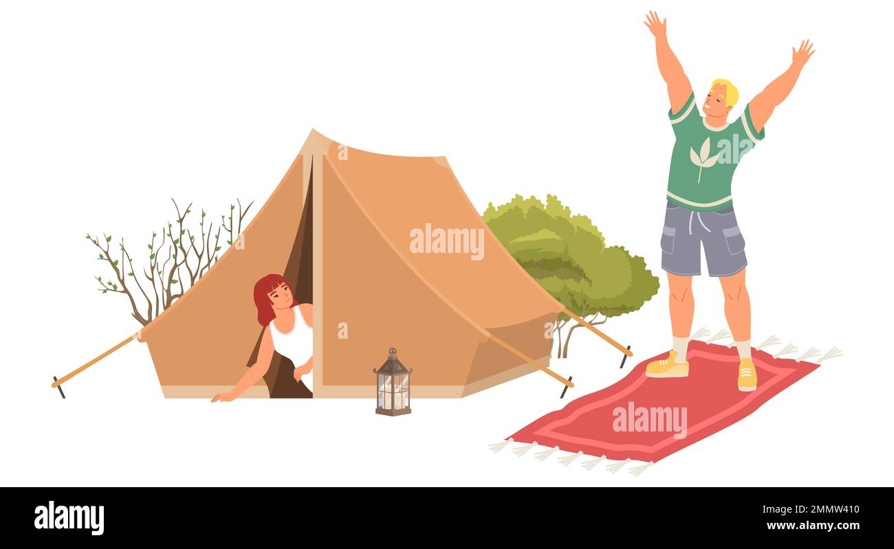 Camping vector happy couple rest in tent camp Stock Vector Image & Art ...
