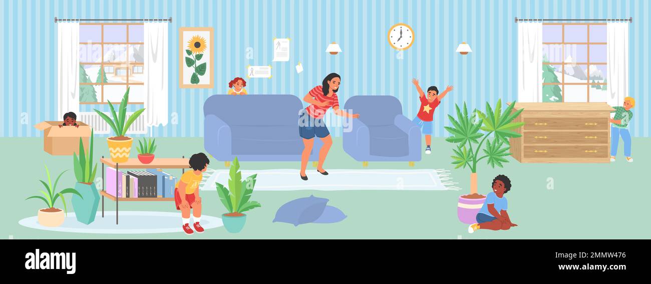 Children playing hide and seek with babysitter at home vector. Woman ...