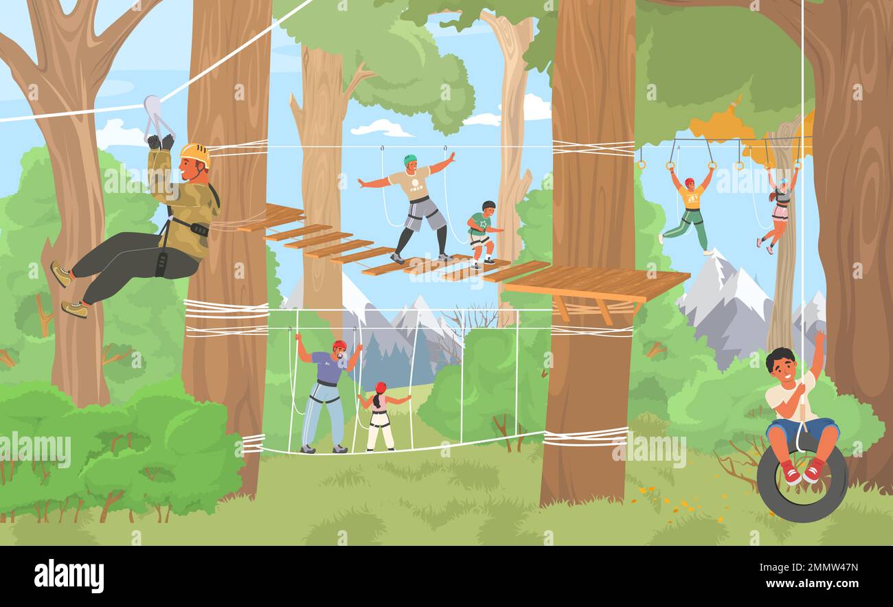 Rope adventure park flat vector extreme recreation Stock Vector Image ...