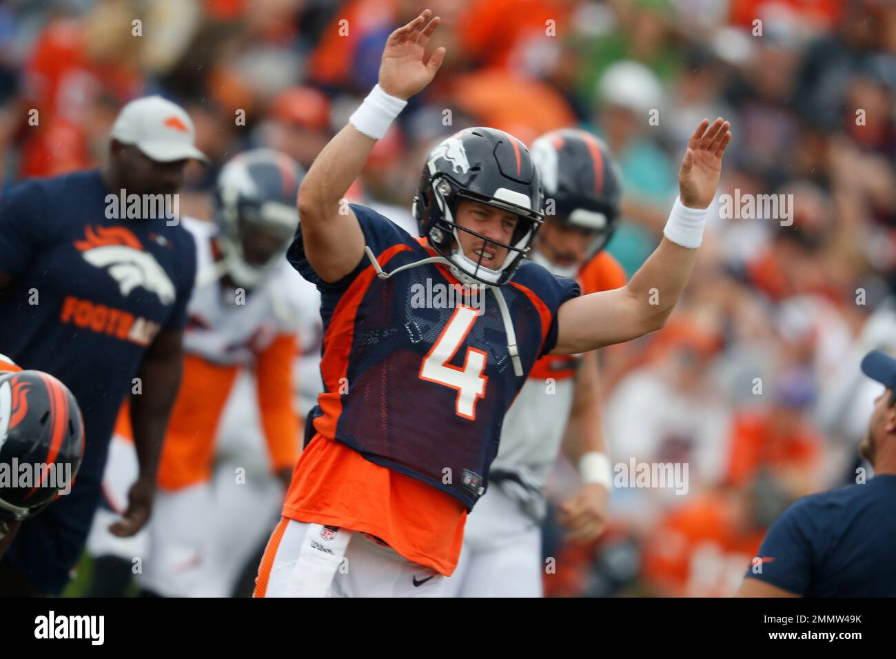 Denver Broncos quarterback Case Keenum (4) takes part in drills at the ...