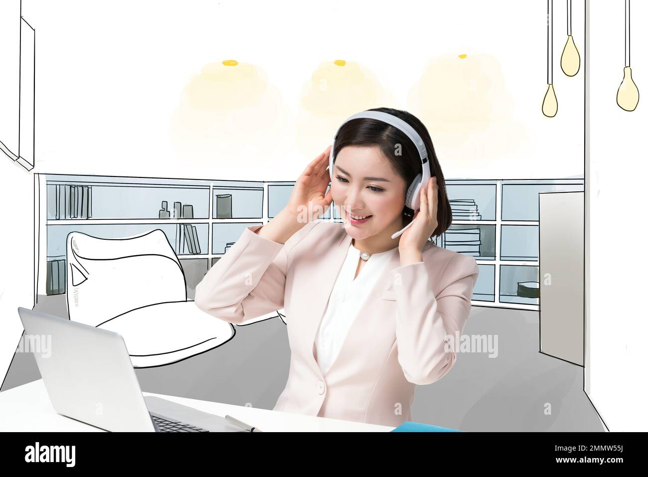 Young woman wearing a headset to use a computer Stock Photo - Alamy