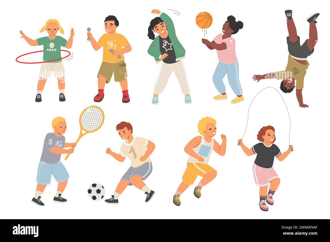 Happy sports kids isolated vector set on white. Little boys and girls ...