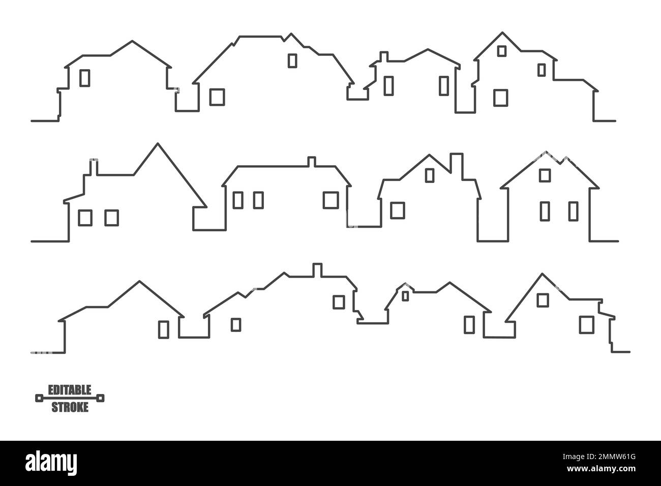 Neighbourhood houses outline panoramic landscape. Continuous one line ...