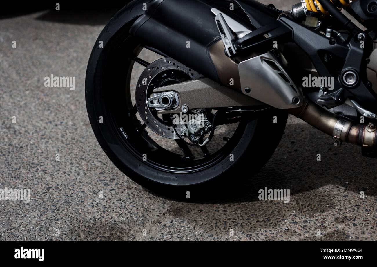 Part of a luxury motorcycle. close up of motorcycle wheel Stock Photo ...