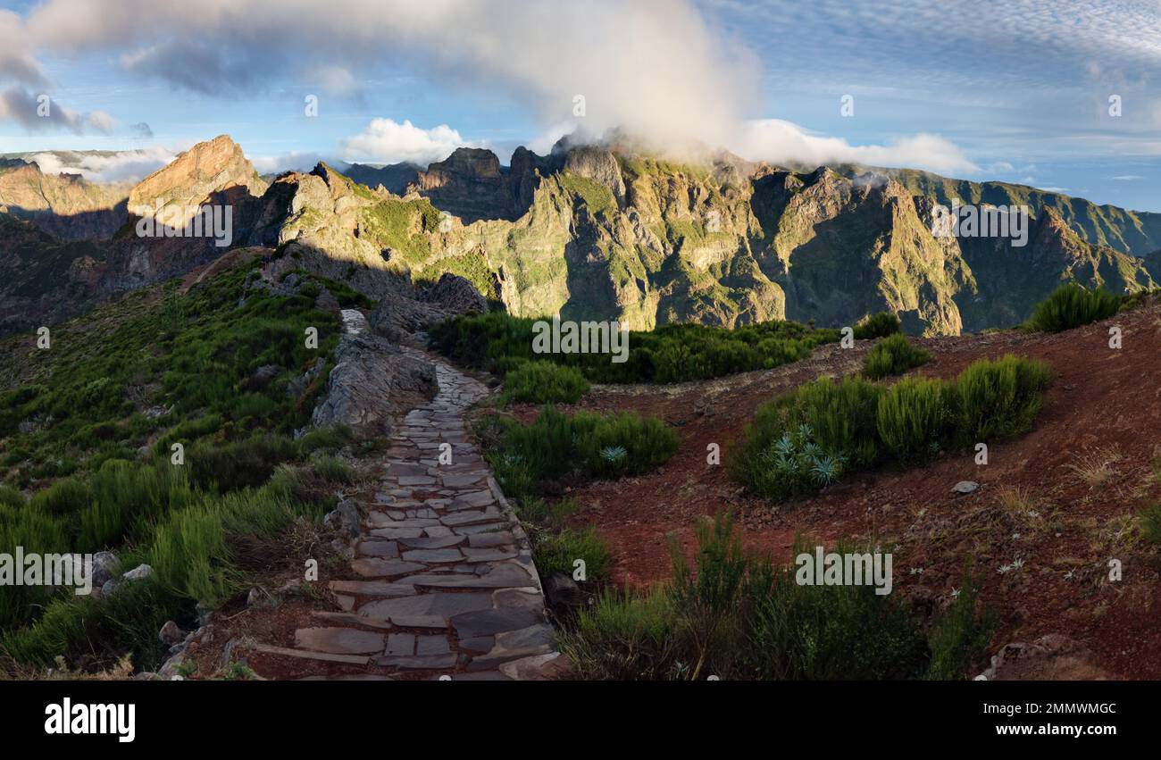 Landscape of sunrise in mountain over clouds in Madeira Island on Pico ...
