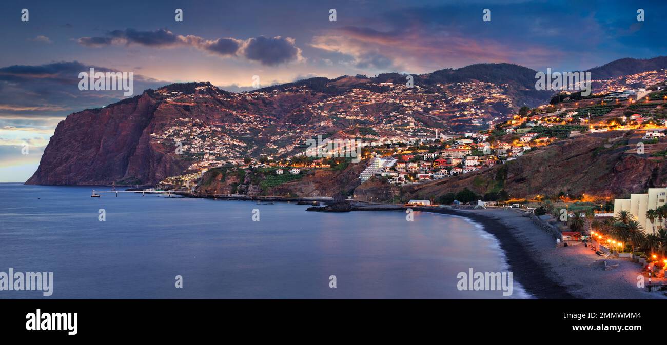 Funchal city at night near Praia Formosa beach, Madeira - Portugal ...