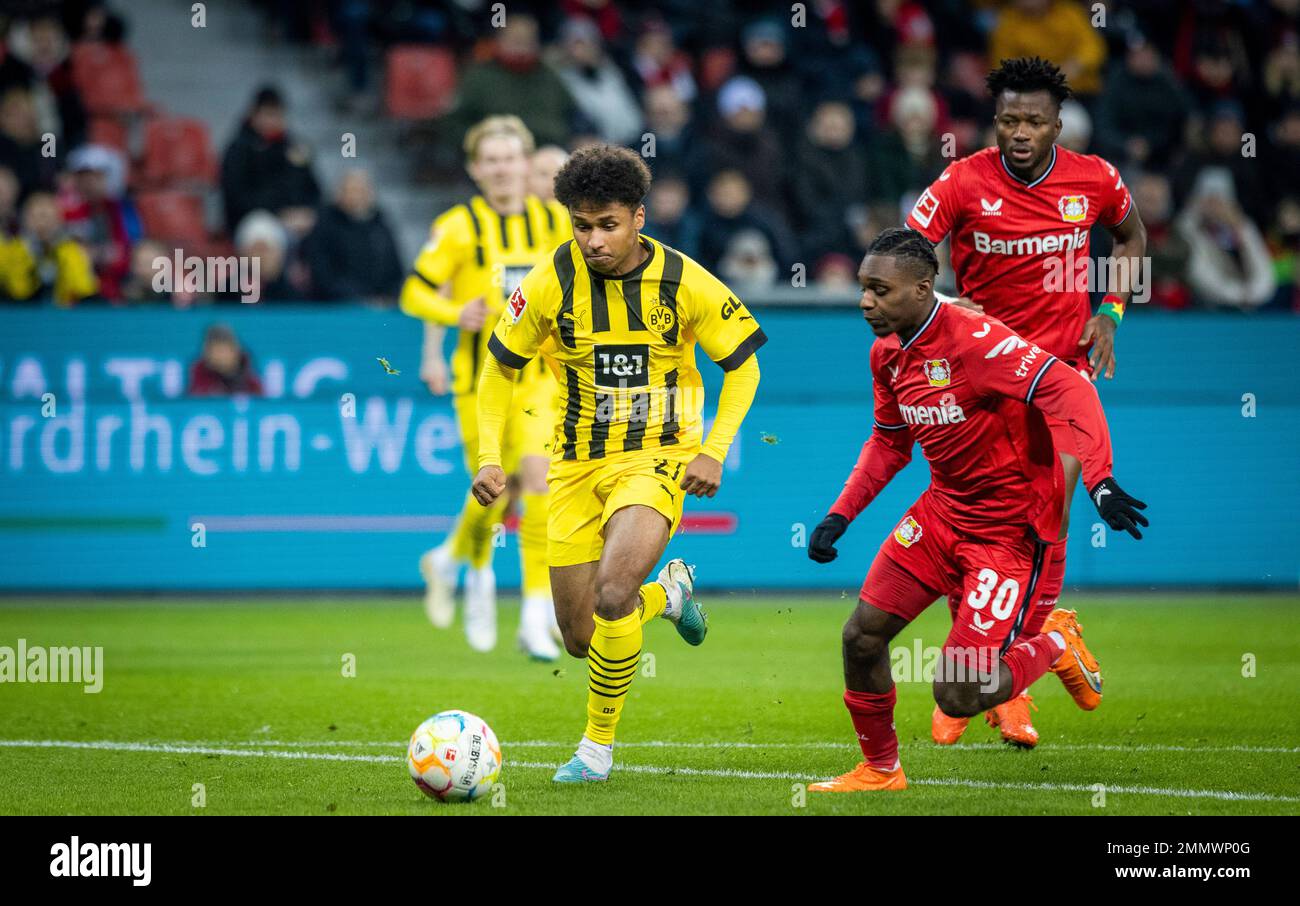 Leverkusen, Germany. 29th Jan, 2023. Karim Adeyemi (BVB), Jeremie ...