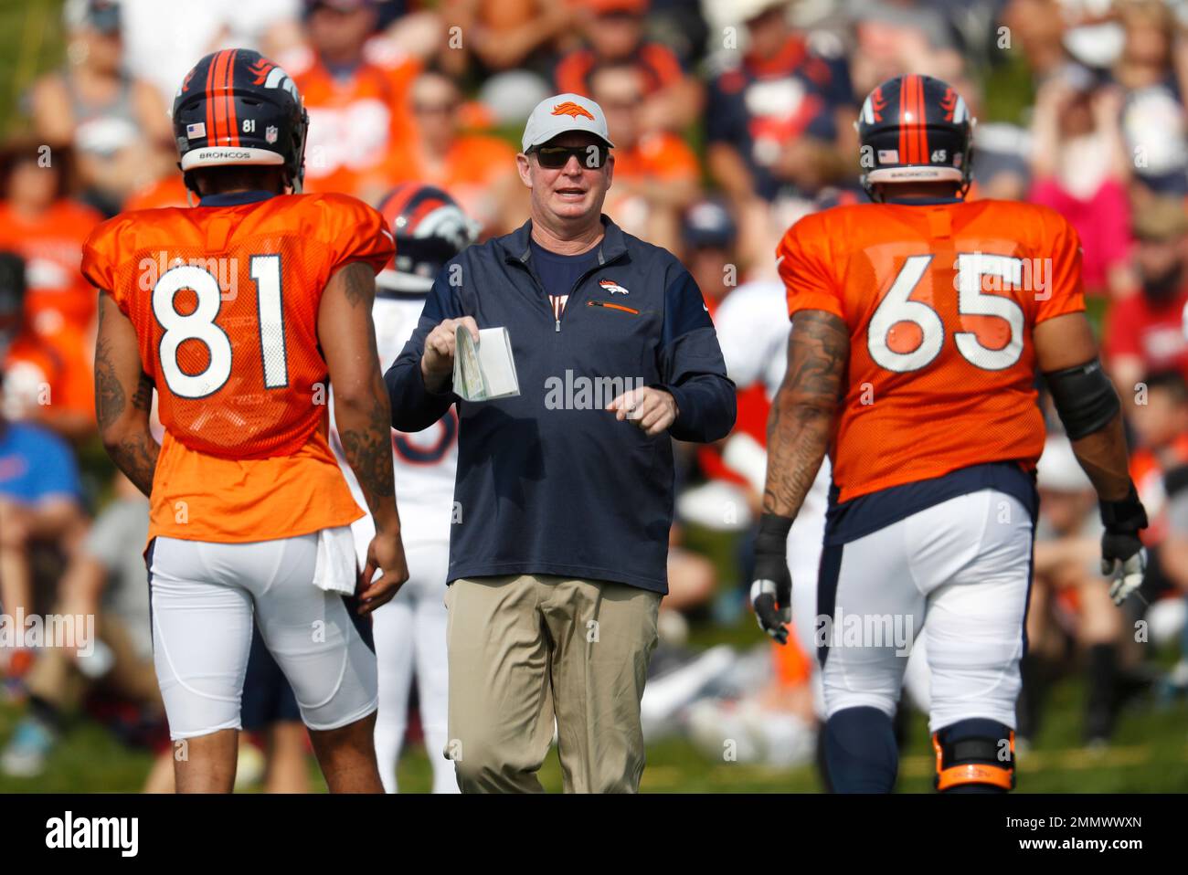 Denver Broncos offensive coordinator Bill Musgrave, center, directs ...