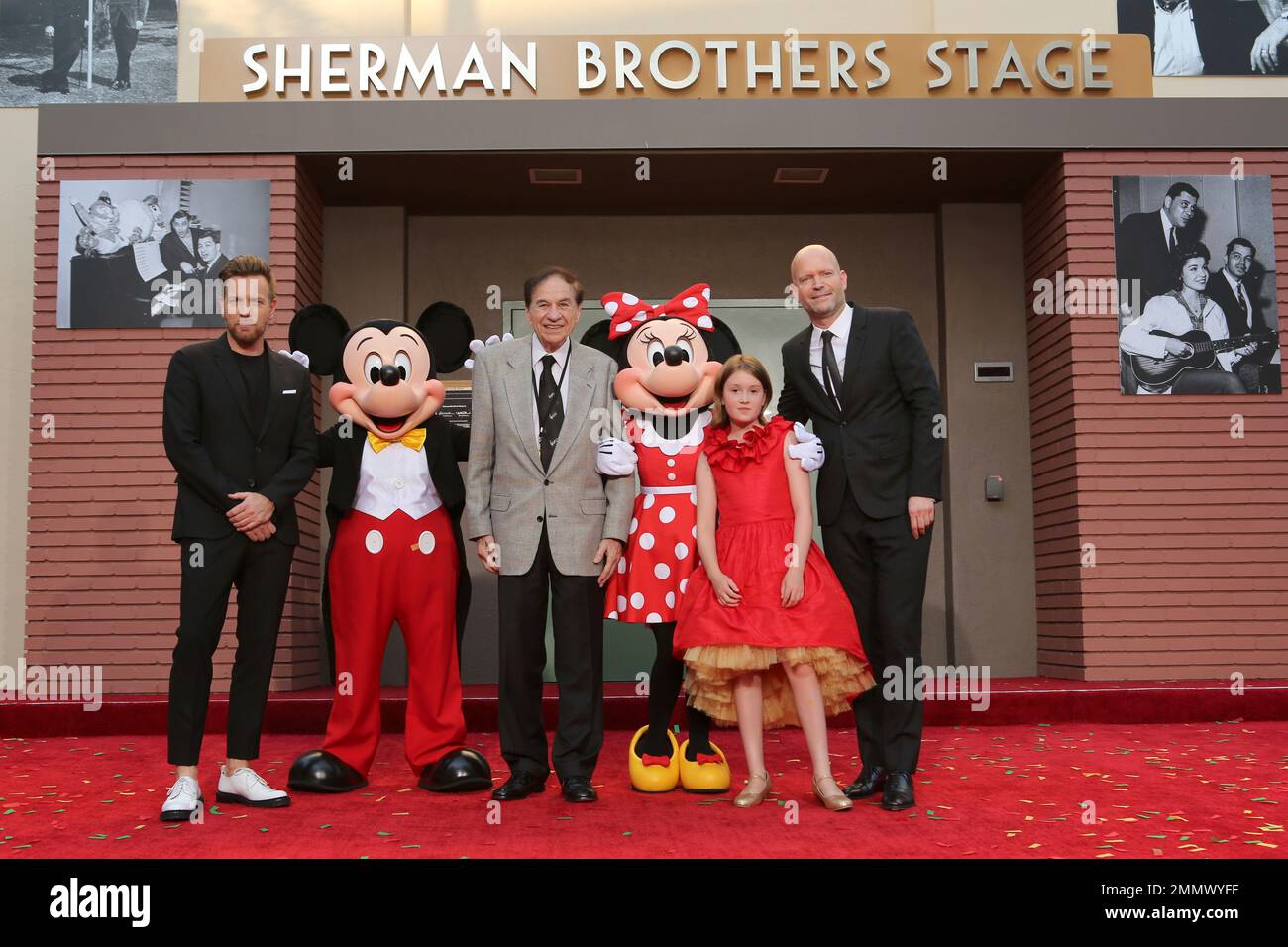 Ewan McGregor, from left, Mickey Mouse, Richard M. Sherman, Minnie ...