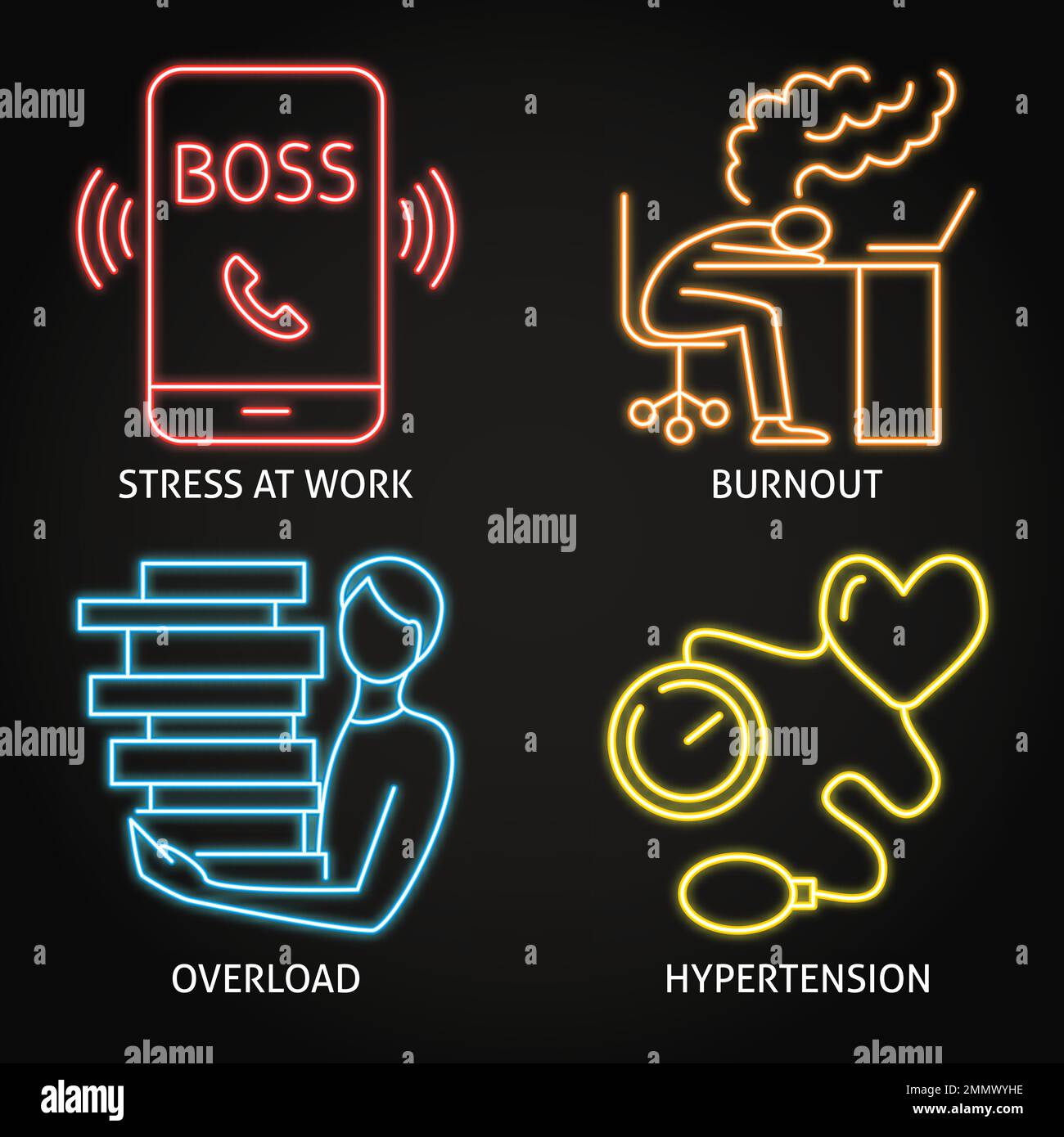 Neon stress and burnout icon set. Overload at work, feeling stressed ...