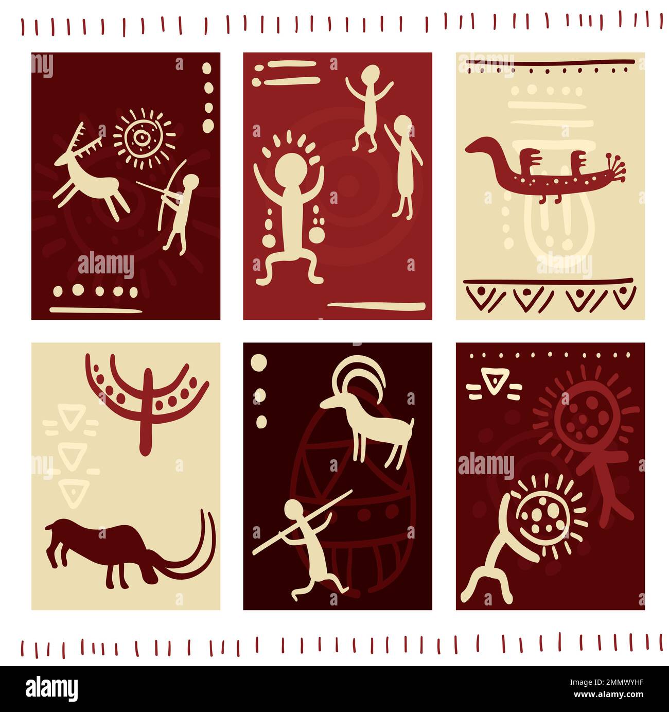Set of vertical gift tag, badge, sticker with prehistoric rock painting ...