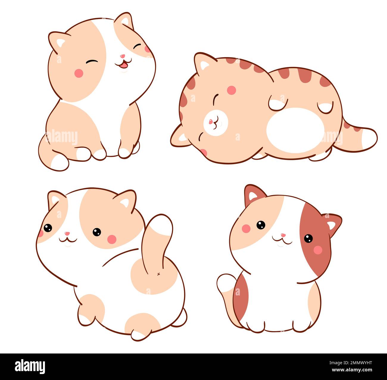 Set of cute fat cats kawaii style. Collection of lovely little kitty in ...