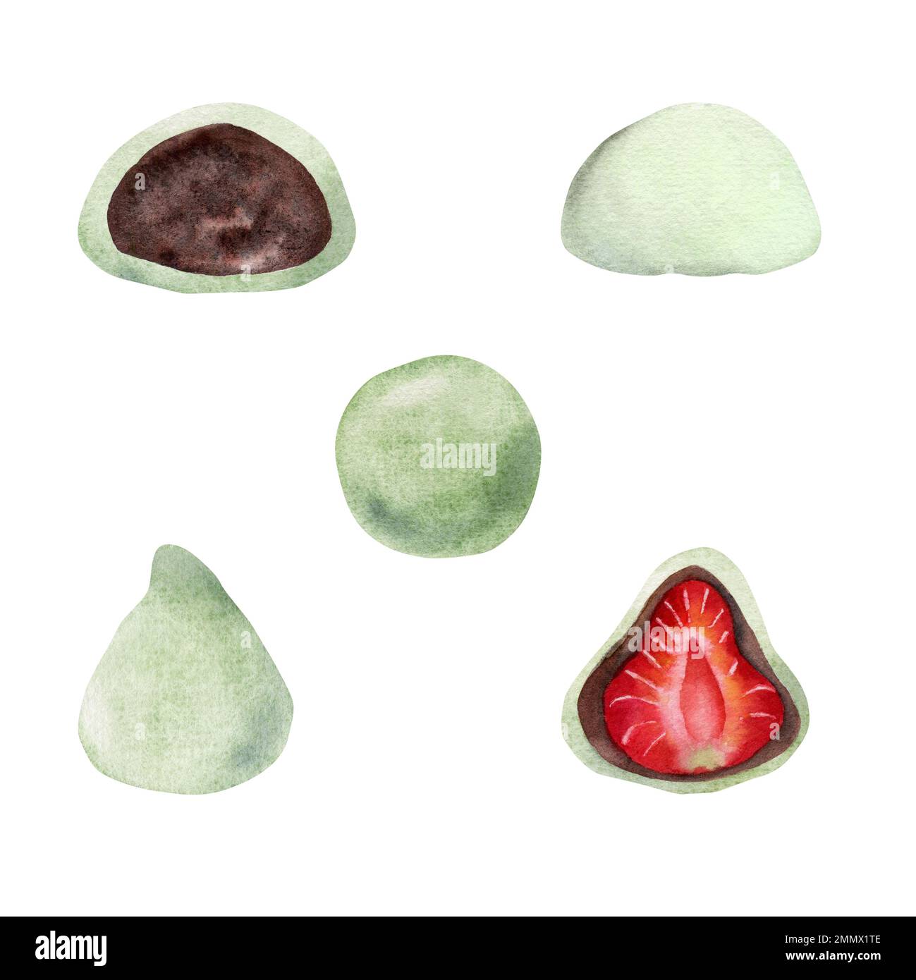 Watercolor hand drawn traditional Japanese sweets. Summer wagashi ...