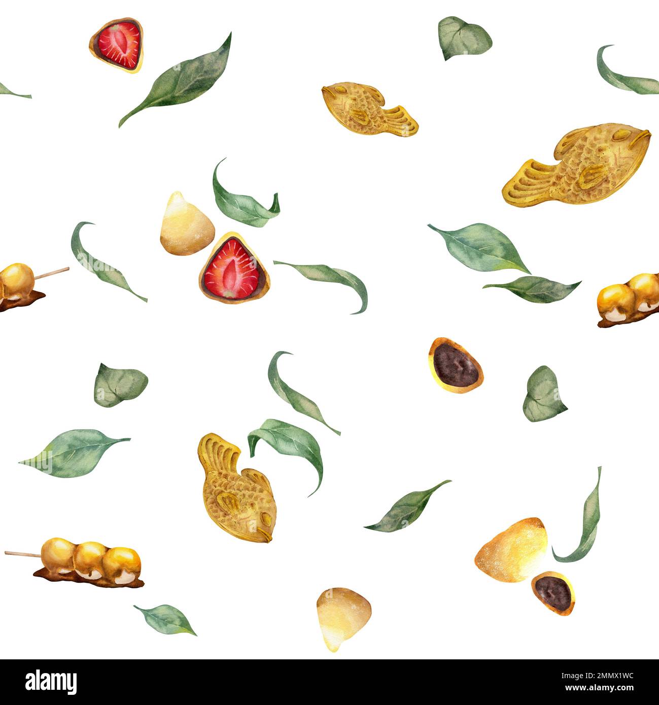 Watercolor seamless pattern with hand drawn traditional Japanese sweets ...