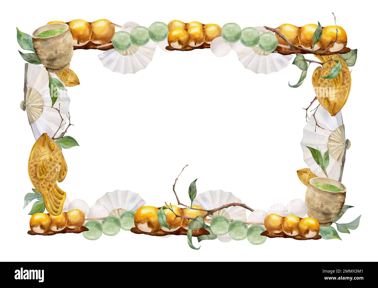 Watercolor hand drawn traditional Japanese sweets. Square frame of ...